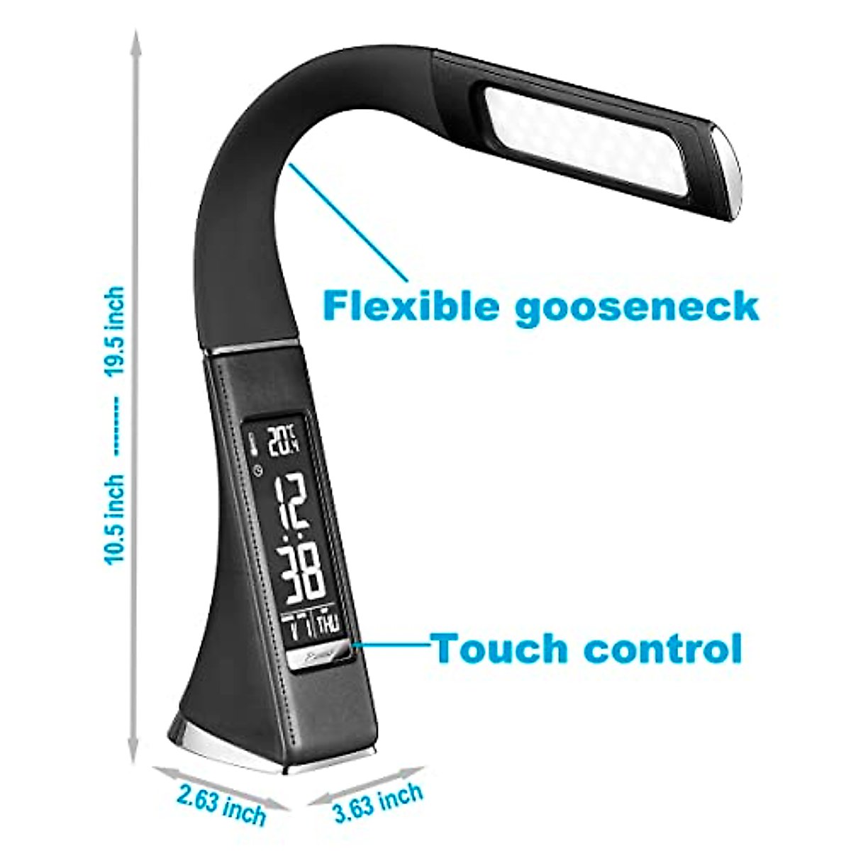 Yuphy Desk Lamp with Clock, Office Desk Gift Ideas, Compact Desk lamp for Dorm and Home Office, Touch Table Lamp with Flexible Gooseneck and Versatile Smart Display-Black