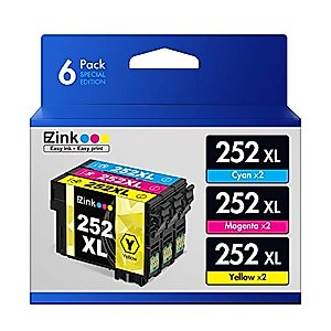 E-Z Ink (TM) Remanufactured Ink Cartridge Replacement for Epson 252 XL 252XL T252XL to use with Workforce WF-3620, WF-3640, WF-7110, WF-7610, WF-7620, WF-7210 (2 Cyan, 2 Magenta, 2 Yellow, 6 Pack)