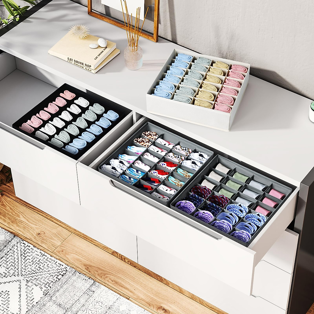 Easortm Sock Organizer 4 Pack, Large Sock Drawer Divider, Underwear Storage 24 Cell Closet Organizers and Storage for Wardrobes, Drawers. (Beige)