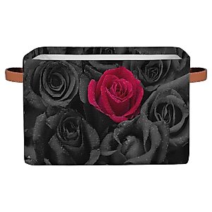 AUUXVA Storage Basket Cube Black and Red Rose Flower Large Collapsible Storage Baskets Bins with Handles Laundry Organizer for Closet Shelves Nursery Bathroom Pantry, 1 Pack