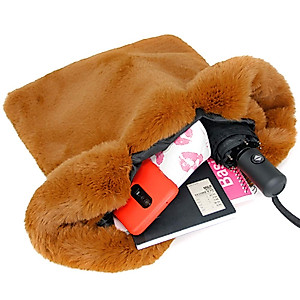 Me Plus Soft Faux Fur Pull Through Strap Slouchy Wrist Fashion Tote Bag (Grey)