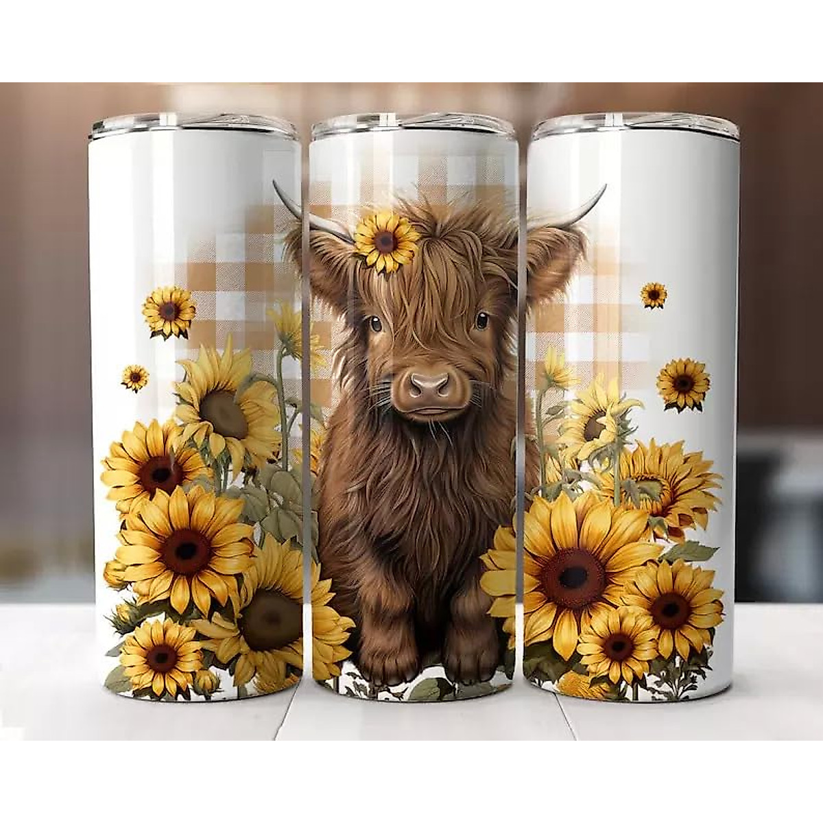 Highland Cow Sunflower Plaid Tumbler Sublimation Wrap - Ready to Press Transfer - Cows, 20 oz Straight Tumbler, Tumbler Transfer, Farm