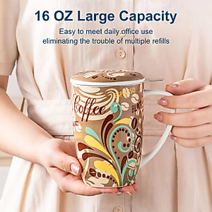LOVECASA 16 OZ Tea Mug with Infuser and Lid, Tea Infuser Mug with Handle Ceramic Mug with Filter for Tea, Milk, Coffee, Loose Leaf Tea Infusers, Black