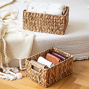 FairyHaus Wicker Baskets 15x11x7" & 13.4x9.5x6.5", 2 Pack Handmade Big Wicker Storage Basket with Handles, Natural Water Hyacinth Wicker Baskets for Storage Shelves Organizing, Rectangle Wicker Basket