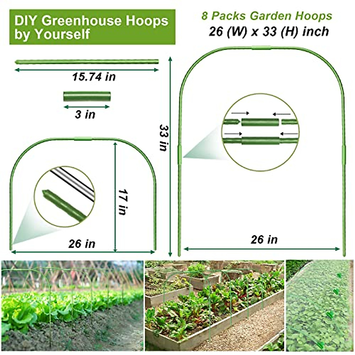 75 Pieces Garden Mesh Netting Kit, 8 x 33 Ft Plant Cover Ultra Mesh Netting & 8 Pcs Garden Hoops & 16 Pcs Clips for Vegetable Plants Fruits Flowers Crop Greenhouse Cover Birds Animals Protection Net