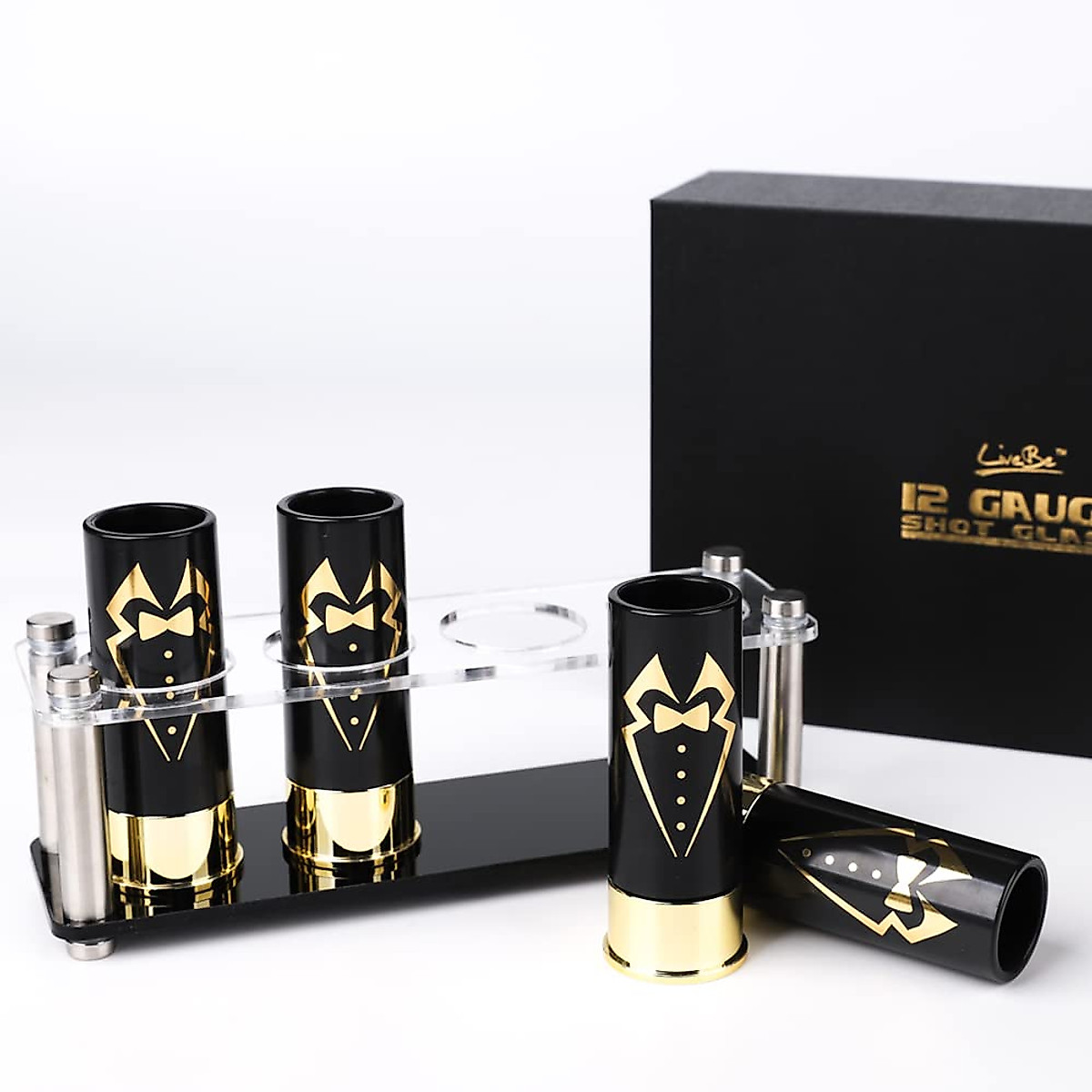 LiveBe 12 Gauge Shot Glasses with Plastic Stand-Groomsmen Tuxedo(4pcs)