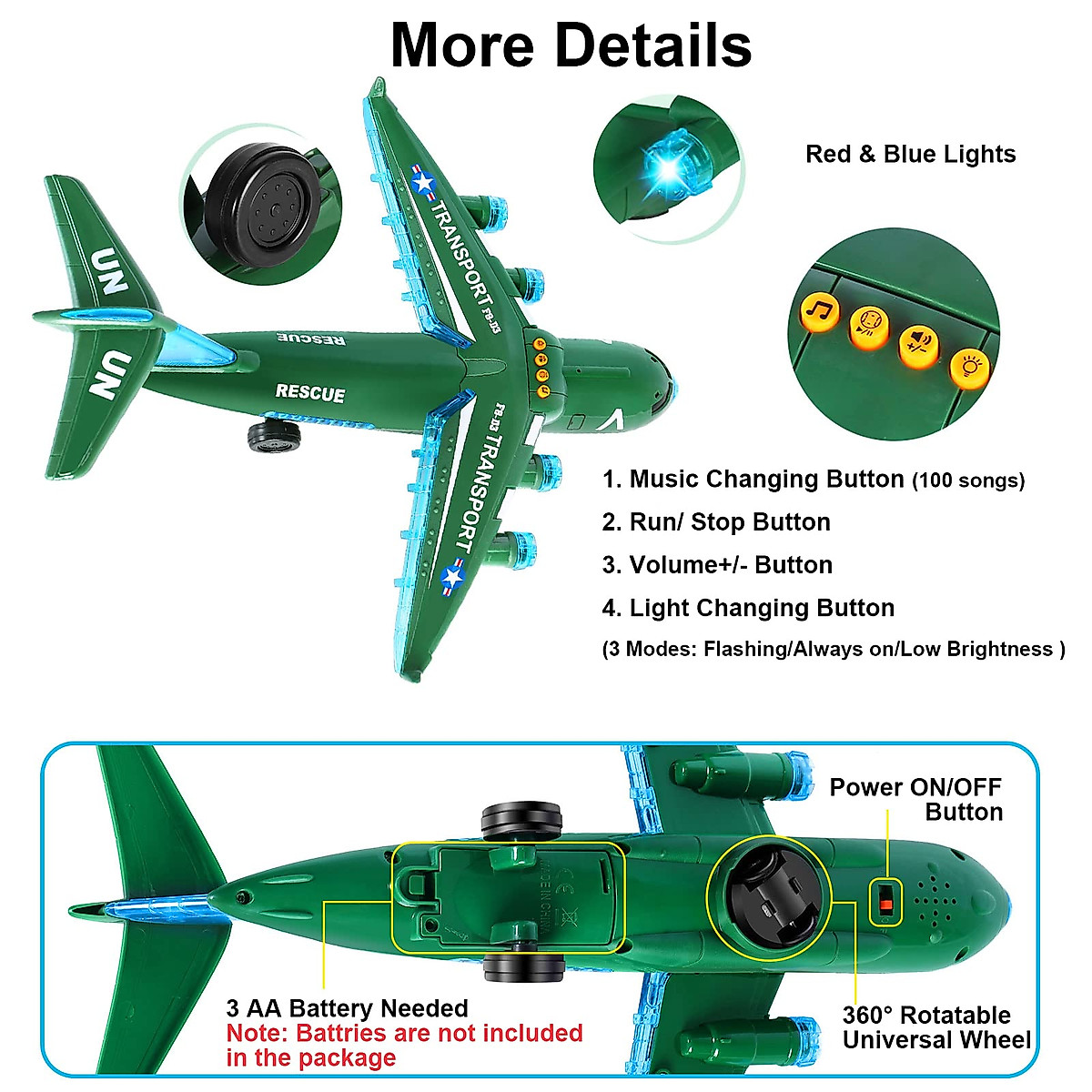 Airplane Toy, LiveGo Bump and Go Electric Detachable Plane Toys with LED Flashing Light Music Remote Control Battery Operated for Kids Boys Girls Toddler Travel 3-7 Year Old Birthday Gift, Green