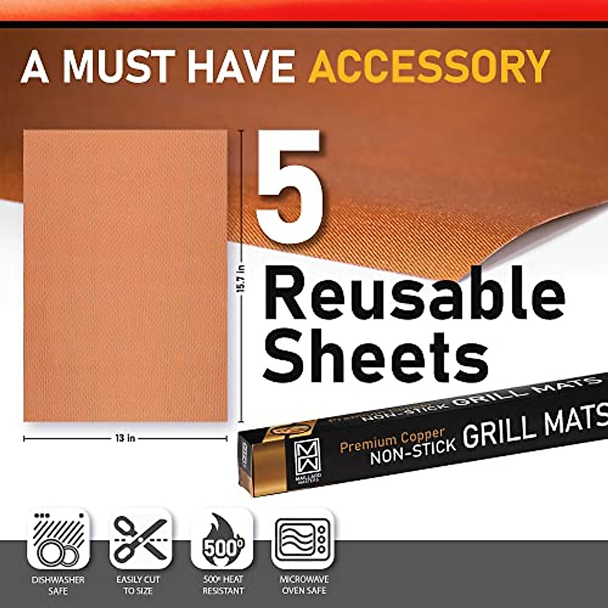 Non-Stick Copper Grill Mat Set & Baking Sheets - Pack of 5 Reusable BBQ Mats for Gas, Electric & Outdoor Grill - Multipurpose Easy To Clean Charcoal Grill Accessories (15.7 x 13 Inch)
