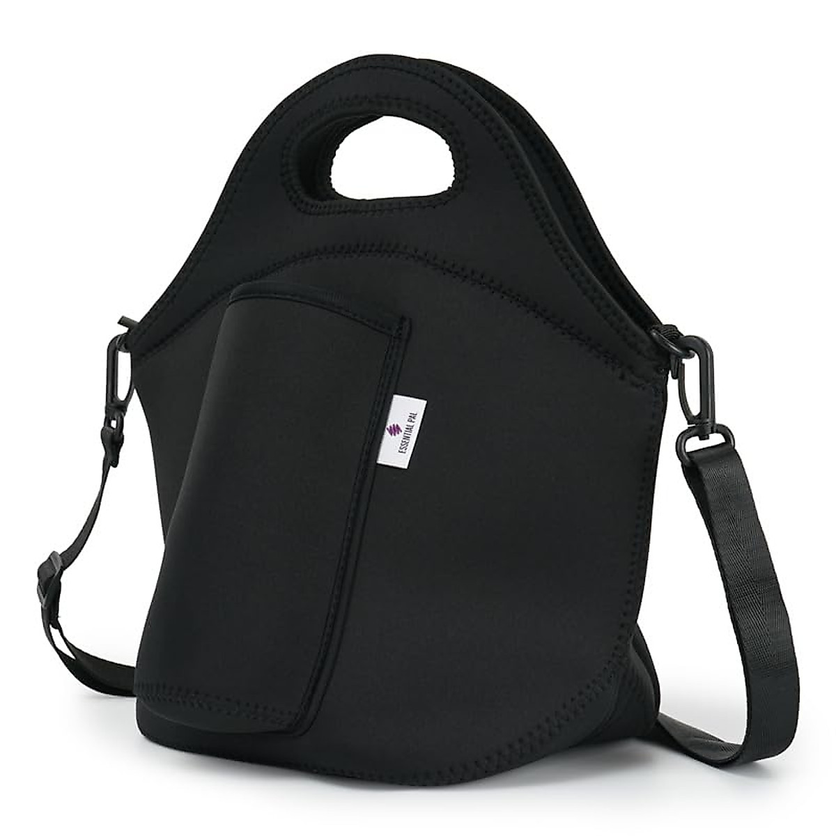 Essential Pal Black Insulated Lunch Bag Tote – Thick, Durable Neoprene Lunch Bags with Double-Layer Insulation & Insulated Bottle Holder – Machine-Washable, Freezable Lunch Bag with Removable Strap