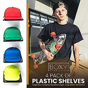 Boxy Concepts Hat Rack for Wall - Pack of 4 Premium Hat Organizer for Baseball Caps - Hat Storage, Hat Holder, & Hanger Your Ball Caps - Plastic Wall Mountable Display Shelf with 3M Foam Adhesive Tape