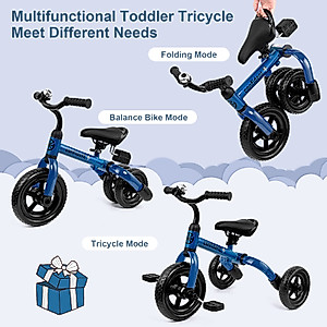 XPIY Tricycle for Toddlers Age 2-5 Years Old, 3 in 1 Folding Toddler Bike for Boys and Girls, Kids' Bike Trike with Detachable Pedal and Adjustable Seat (Blue)