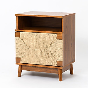 XIAO WEI Large Night Stand Set of 2 with Natural Paper Rope Hand-Woven Doors, Boho Nightstand Bed Side Table Accent End Table, Walnut