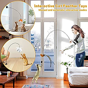 Jetczo Cat Feather Toys, Interactive Cat Wand Toys with Super Suction Cup Detachable 5 PCS Feather Replacements with Bell, 2 Teaser Wand Cat Spring Feather Toys for Indoor Cats Kitten Exercise (Set 3)