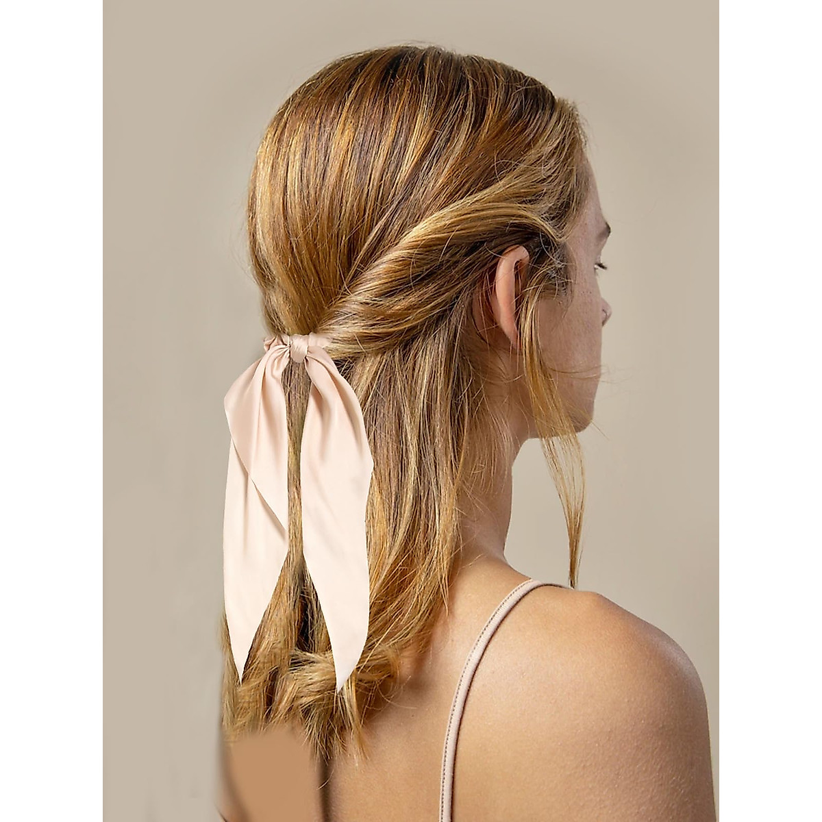 LFOUVRE 3PCS Hair Scarf Scruncheis for Women Knotted Bow Hair Ties Elastic Bands Satin Hair Ribbon Scrunchy Red Ponytail Holder for Women and Girls (Camel Apricot Ivory)