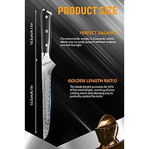 Gutoky 6 Inch Damascus Boning Knife, Feather Pattern Blade with G10 Handle, Japanese AUS10 Steel, Professional Kitchen Fillet Knife