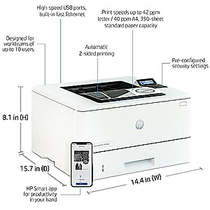 HP Laserjet Pro 4001dw Single-Function Wireless Monochrome Laser Printer - Print only - 2-line Back lit LCD Display, 42 ppm, 1200 x 1200 dpi, Auto 2-Sided Printing, 8.5 x 14, Ethernet