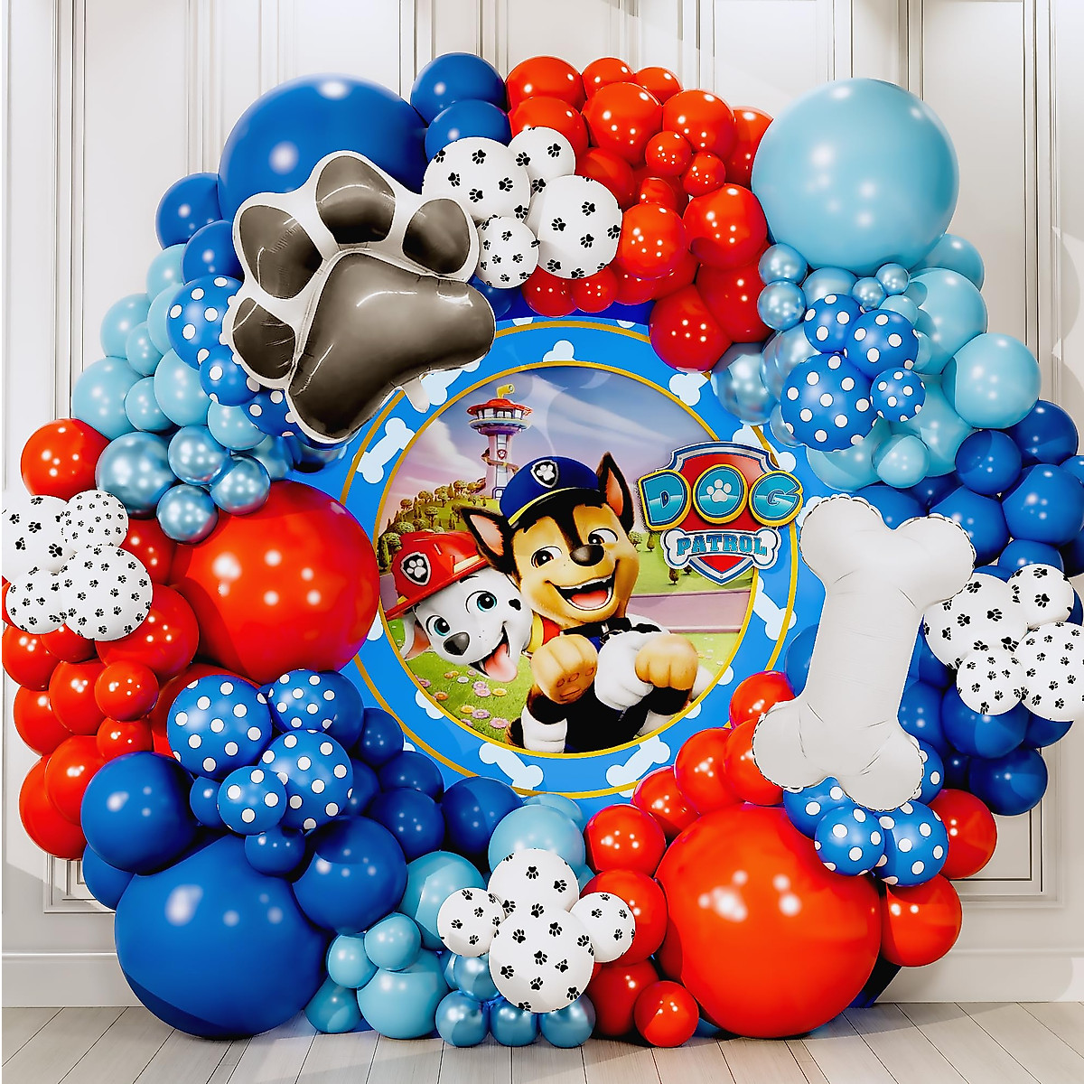 ALL-IN-1 Paw Balloon Arch & Garland Kit with BONUS Dog Bone – Small and Large Red, Dark Blue Paw Balloons – Chase Paw Birthday Party Decorations & Supplies – Boy