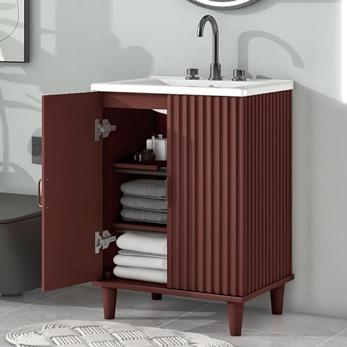 Tomkate 24 Inch Bathroom Vanities with Sink, Freestanding Bathroom Vanity with Ceramic Single Sink Combo, Modern Undermount Bathroom Sink Cabinet with Two Doors, Adjustable Shelves (Rosy)