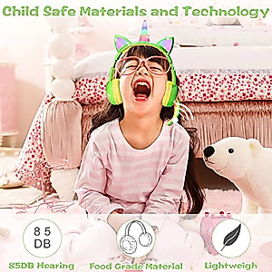 LED Lighting Unicorn Cat Ear Wired Headphones, Headphones for Kids with Microphone, Kids Headphones Safe Volume Limit 85DB, Headphones for Girls Boys for Online Learning/School/Travel/TabletGreen