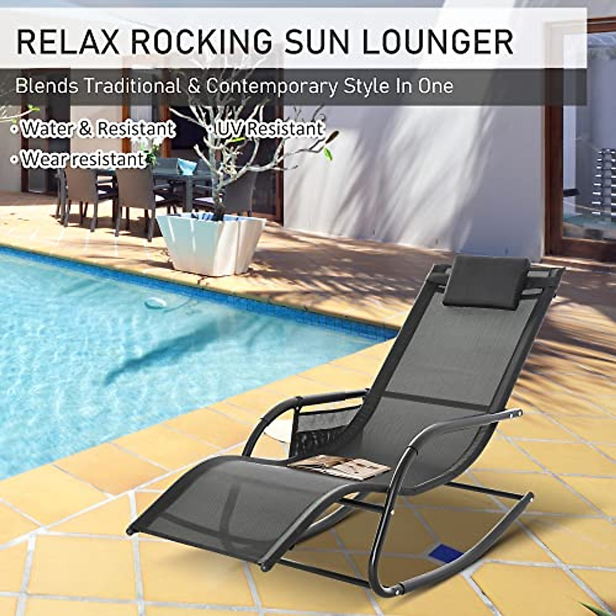 Outsunny Outdoor Rocking Chair with Breathable Mesh Fabric, Patio Porch Chair with Side Pocket, Sun Lounge Chair with Detachable Pillow for Deck, Garden, or Pool, Black