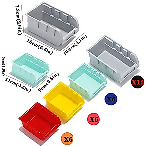 MULSAME Garage Storage Bins Wall Mounted Parts Rack with 4 Colors 30PC Bin Organizer, Stackable Garage Plastic Shop Tool, Garage Organizers and Storage Nuts and Bolts