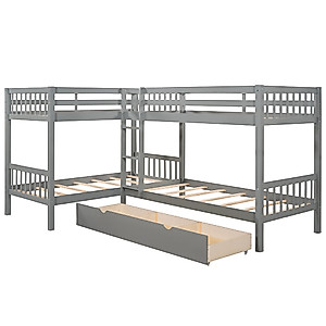 YUNLife&Home L-Shaped Bunk Beds for 4,Solid Wood Bunk Bed Frame with 3 Storage Drawers,Twin Over Twin Size Corner Bunk Bed,Wood Quad Bunk Beds Frame for Kids Teens Girls Boys