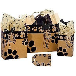 Gift Bags Assorted Sizes - 3 Bags Bundled with Coordinating Tissue Paper Tags and Raffia Ribbon (Kraft Paws)