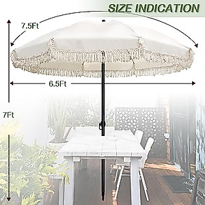 FULLSUN PARASOL Patio Umbrellas with Fringe, 6.5ft Beach Umbrella Outdoor Heavy Duty Wind Portable, UV 50+ Boho Parasol with Sand Anchor & Carry Bag for Garden Pool Backyard