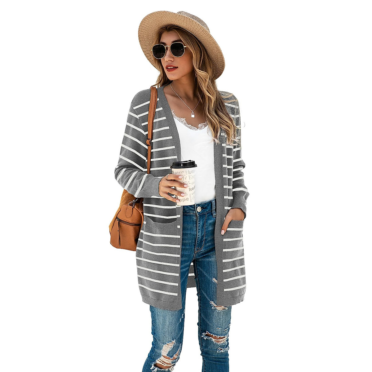 TASAMO Womens Color Block Striped Draped Kimono Cardigan Long Sleeve Open Front Casual Knit Sweaters Coat Soft Outwear
