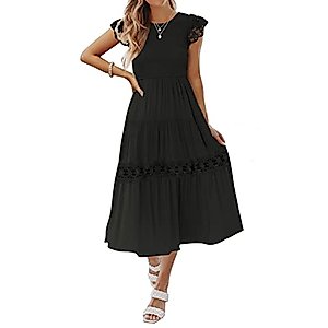 ZESICA Women's 2023 Casual Crew Neck Flutter Sleeve Smocked High Waist Hollow Out Lace Trim Tiered A Line Midi Dress,Black,Small
