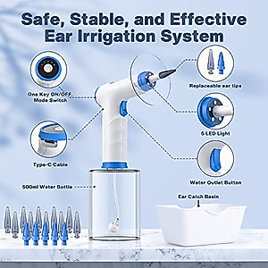 Ear Wax Removal, Electric Ear Cleaning Kit with Light, Ear Irrigation Kit with 4 Pressure Modes, Safe and Effective Ear Flush Kit with Ear Cleaner - Includes Basin, Towel & 15 Tips