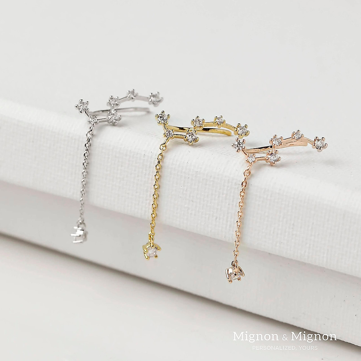 MignonandMignon Cubic Zirconia Crystal Star Stud Ear Crawler Little Dipper Dangle Earrings in Gold, Rose Gold (Silver) Mother's Day Gift - ECLD