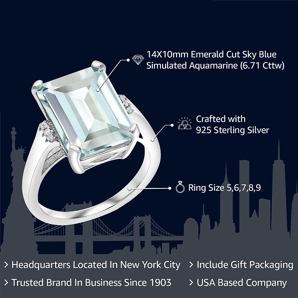 Gem Stone King 6.71 Cttw Sky Blue Simulated Aquamarine Engagement Ring For Women In 925 Sterling Silver | Emerald Cut 14X10MM | Available In Size 5, 6, 7, 8, 9