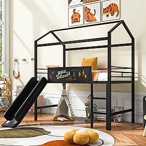 Twin House Loft Beds with Slide and Chalkboard, Low Loft Bed Twin Size, Metal House Bed with Guardrail and Ladder, Metal Twin Size Loft Bed for Kids Teens Girls Boys (Twin, Black)