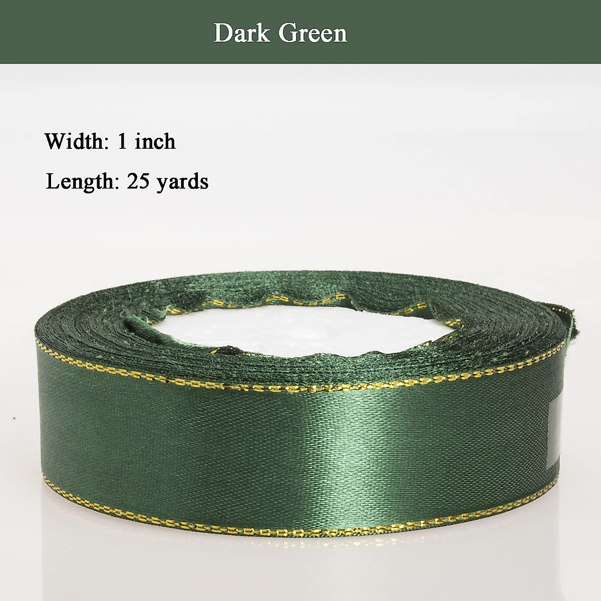 YASEO 25 Yards 1 Inch Dark Green Satin Ribbon with Gold Edges, Gold Border Fabric Ribbons for Gift Wrapping and Crafts