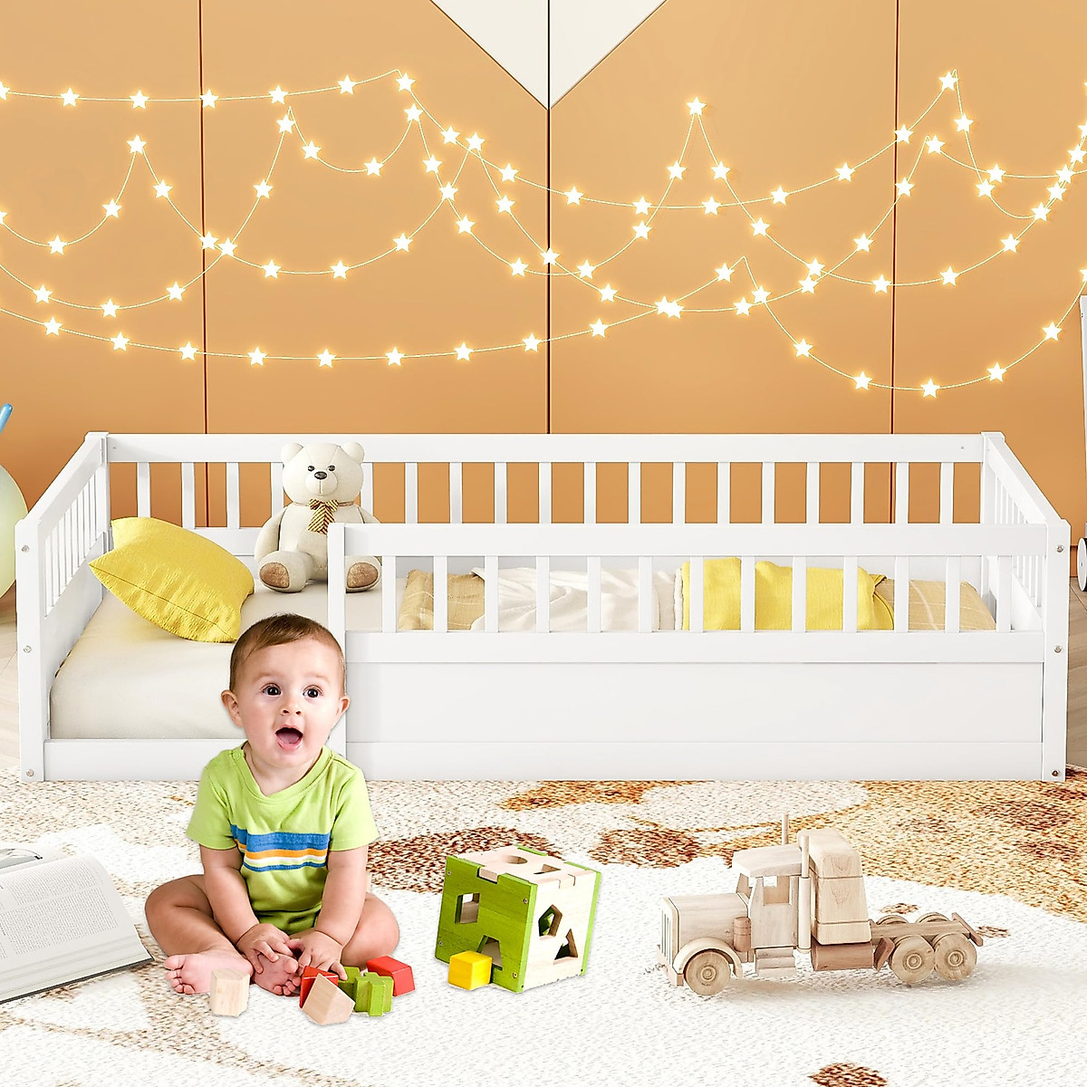 Twin Size Floor Bed with High Fence Rails, Solid Wood Montessori Floor Bed for Baby,Kids Twin Bed Frame for Girls, Boys, Floor Bed Without Slats as Kids Playground,White