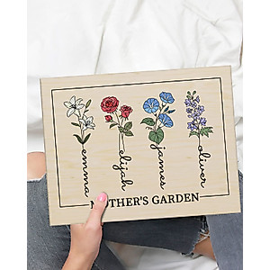 Bohva Personalized Gifts for Mom Wife Birth Month Flower with Name Mothers Garden, Custom Wall Art Print On Wood Mothers Day Anniversary Birthday Gifts from Daughter Son Husband