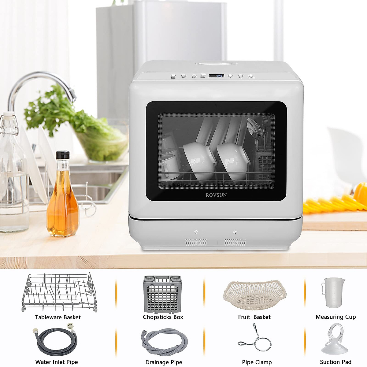 ROVSUN Portable Countertop Dishwasher, Mini Dishwasher with 5 Washing Programs, 5L Built-in Water Tank, 360° Spray Arms, Air-Dry Function & Fruit Cleaning for Apartments, Dorms and RVs (White)