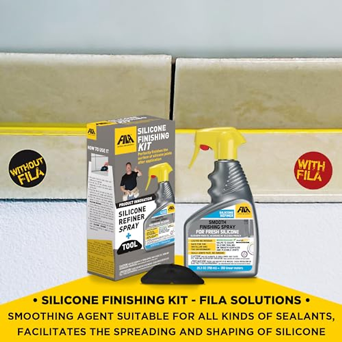 FILA Surface Care Solutions, Silicone Finishing KIT, Silicone Smoothing Spray, Suitable with caulking Tool kit and Silicone Tools, Perfect for Finishing Silicone Spray, Caulk Tool Included, 24oz