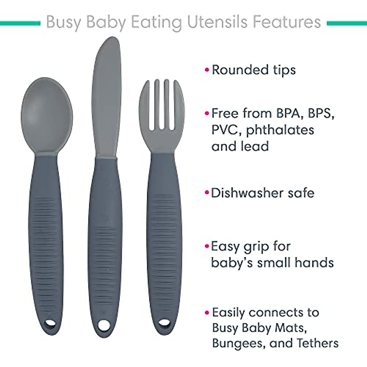 BUSY BABY Bungee Bib & Utensils Bundle | Silicone Bib for Babies & Toddlers with Tethers to Attach Utensils and Keep Them Off The Floor | Dishwasher Safe, BPA Free (Spearmint)
