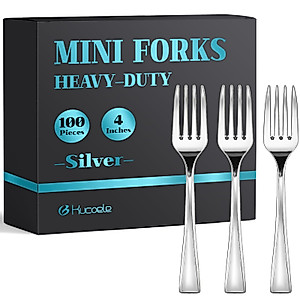 Kucoele 100 Pack Silver Mini Plastic Forks, 4 Inches Disposable Small Appetizer Forks Tiny Tasting Forks for Desserts, Strawberries, Charcuterie, Cake Pops, Cocktails, Fruits