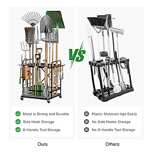 Lineware Garden Tool Organizer For Garage Garden Tool Storage with Wheels Garden Tool Rack Stand Garden Tool Holder Yard Tool Storage for Outdoor Shed Garage Garden Black