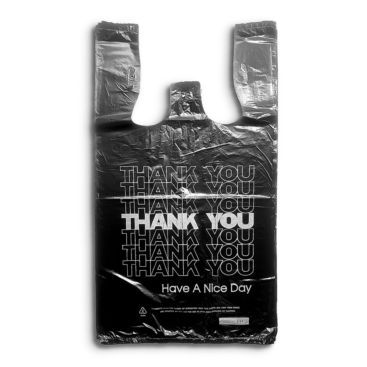 ROYALNA 100ct (12" x 6.5" x 21") Plastic T shirt Grocery shopping bags Reusable and Disposable for Restaurants, Convenience Stores, (Black/White Thank you, 100)