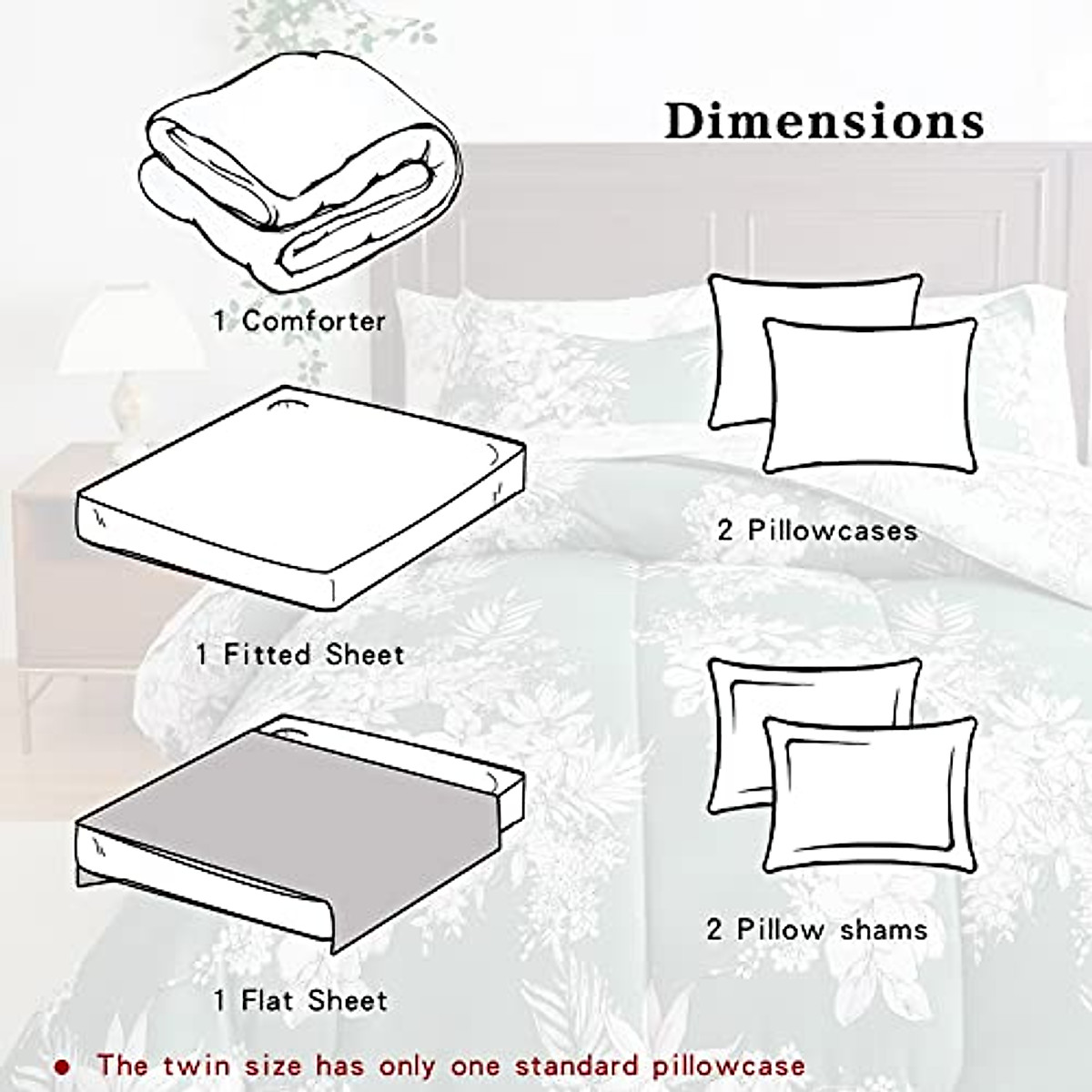 FlySheep Floral Bed in a Bag Queen Size 7 Pieces, White and Emerald Green Botanical Reversible Comforter Bedding Set(1 Comforter, 1 Flat Sheet, 1 Fitted Sheet, 2 Pillow Shams, 2 Pillowcases)