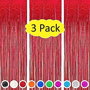 3PC Red Foil Fringe Curtains - Party Streamers & Tinsel Backdrop for Christmas Decorations