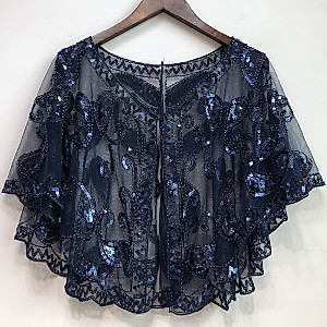 Specell Dark Blue Womens Lace Shawls And Wrap, Flapper Shawl For Women,Plus Size Sequin Shawl Wrap Gatsby Beaded Evening Cape,Flapper Bolero Shrug,1920s Womens Lace Shawl And Wraps,Wedding Dress Shawl