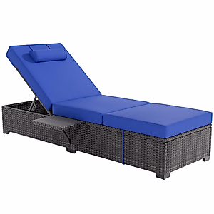 GAOMON Outdoor PE Wicker Chaise Lounge Chairs Set of 2 Patio Brown Rattan Reclining Chair Adjustable Backrest Pool Sunbathing Recliners with Cushion Cover, Navy