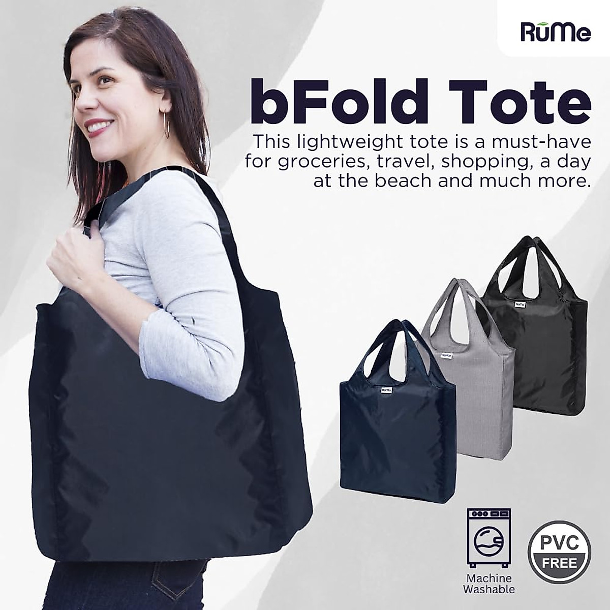 RuMe® Foldable Reusable Grocery Shopping Bag Tote | bFold Medium Tote Bag | Holds 50lbs | Folds into Zipper Pouch | 2 Pack
