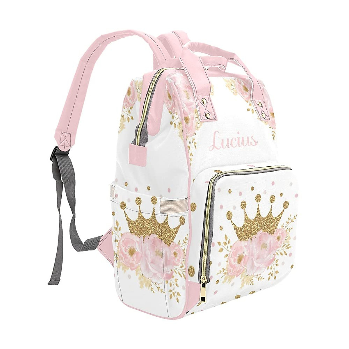 Yeshop Pink Floral Gold Crown Princess Personalized Diaper Bag Backpack Tote with Name,Custom Travel Nappy Mommy Bag Backpack for Baby Girl Boy Gift,10.83 Inch * 6.69 Inch * 15 Inch