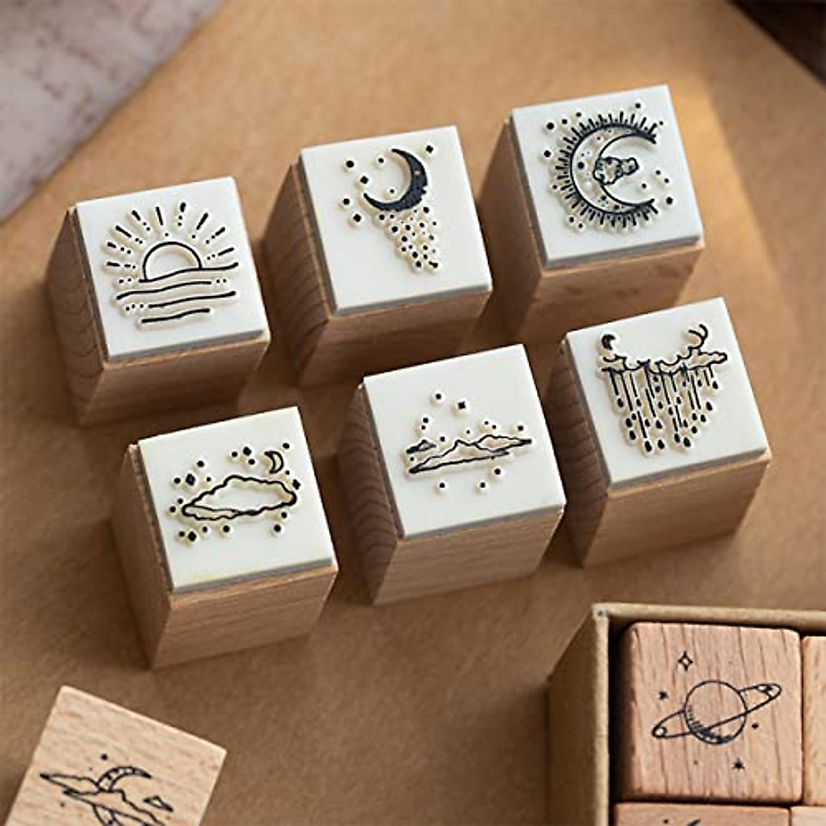 16Pcs Vintage Wooden Seal Set, Retro Rubber Stamps, Flower Moon Star Butterfly Mountain Rubber Stamps for Scrapbooking Ephemera Planner DIY Craft Card Making (Moon&Sixpence)